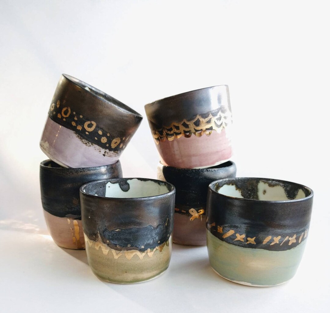 Rustic Modern Pottery Tea Bowl, Pastel & Gold Accent Whiskey Water ...