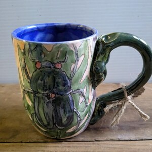 Handmade Ceramic Blue Beetle Mug, Green Yellow Purple Orange Creepy ...