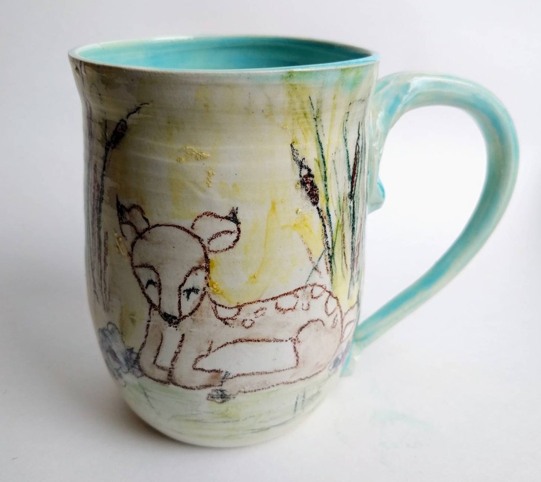 Handmade Ceramic Deer Fawn Mug, Yellow Blue Woodland Pottery Coffee Cup ...
