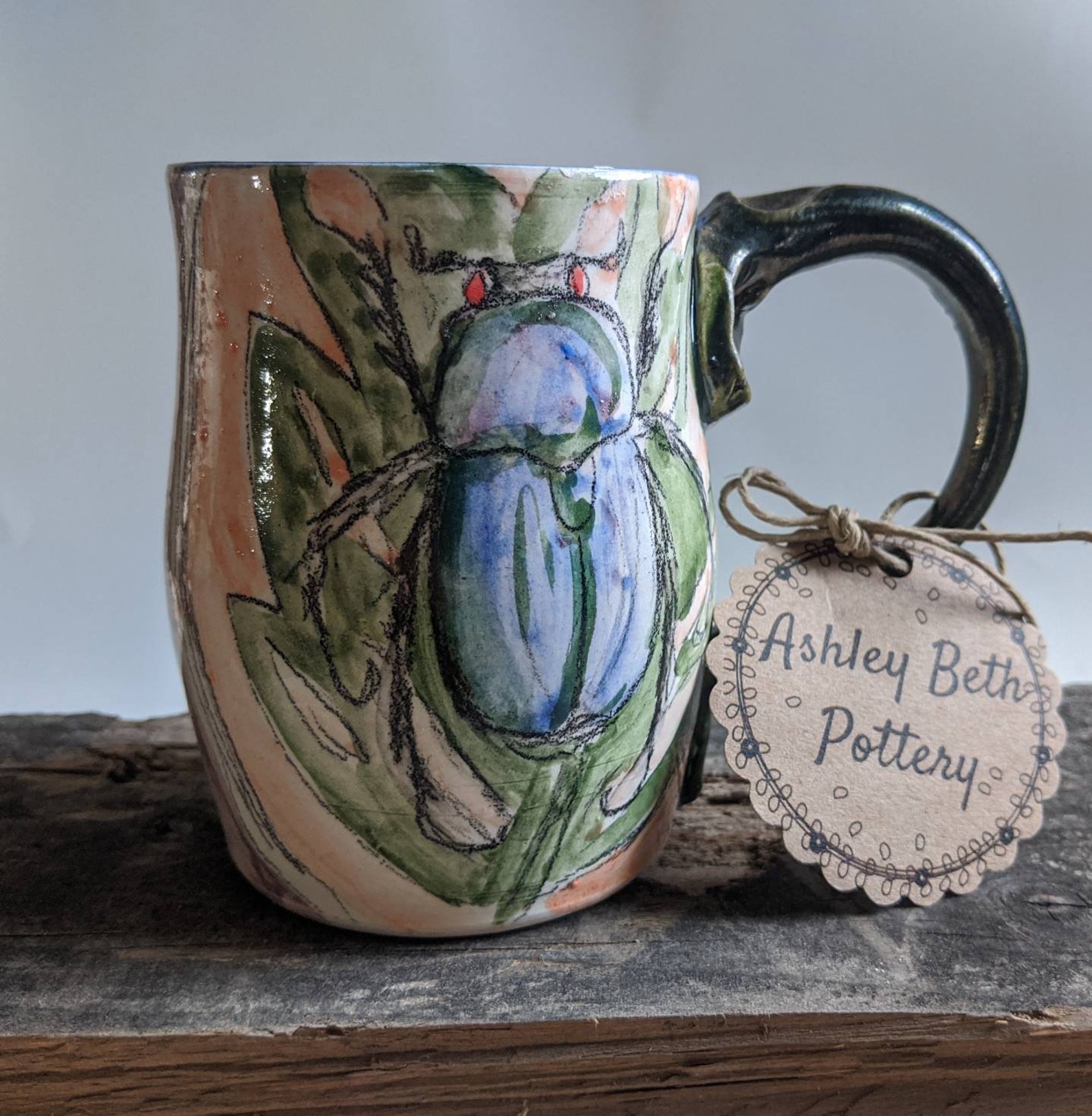 Handmade Ceramic Blue Beetle Mug, Green Yellow Purple Orange Creepy ...