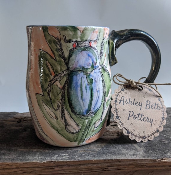 Kitchen & Dining Drinkware Handmade Ceramic Blue Scarab Beetle Mug Hot ...