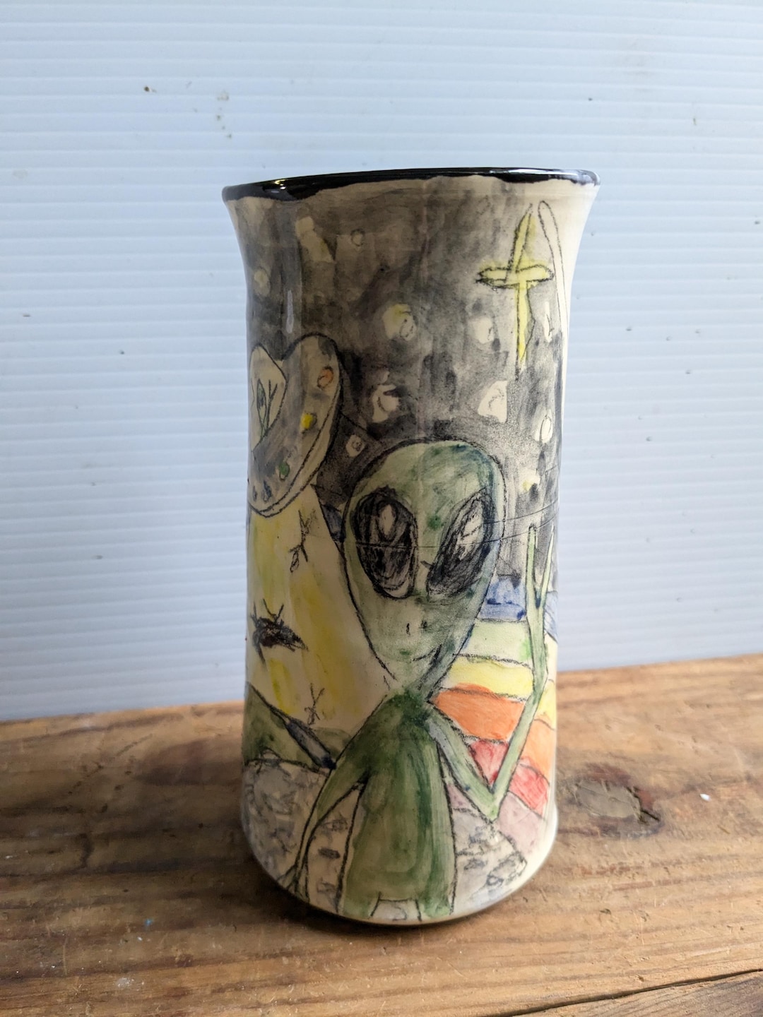 Grey Black and White Handmade Ceramic Alien Vase, Hand Drawn UFO ...