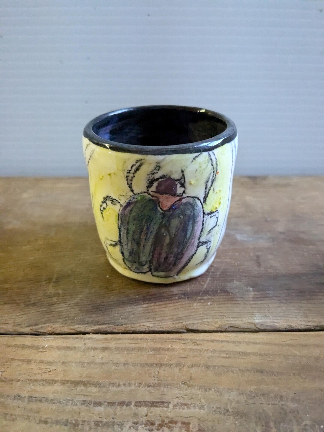 Hand Drawn Ceramic Blue Purple Beetle Cup, Yellow & Black Handmade ...