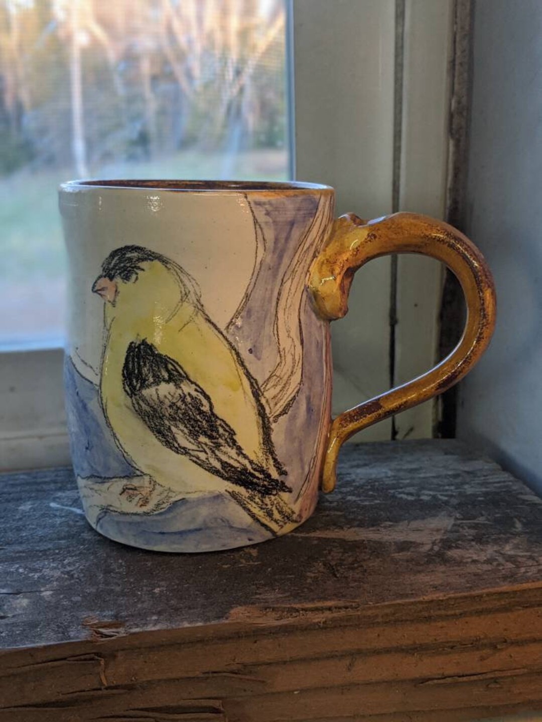 Hand Drawn Yellow Finch Pottery Mug, Blue, Amber Brown Wild Bird ...