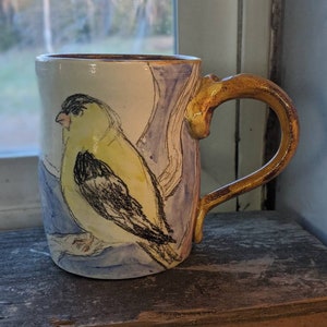 Hand Drawn Yellow Finch Pottery Mug, Blue, Amber Brown Wild Bird ...