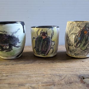 Hand Drawn Ceramic Blue Purple Beetle Cup, Yellow & Black Handmade ...