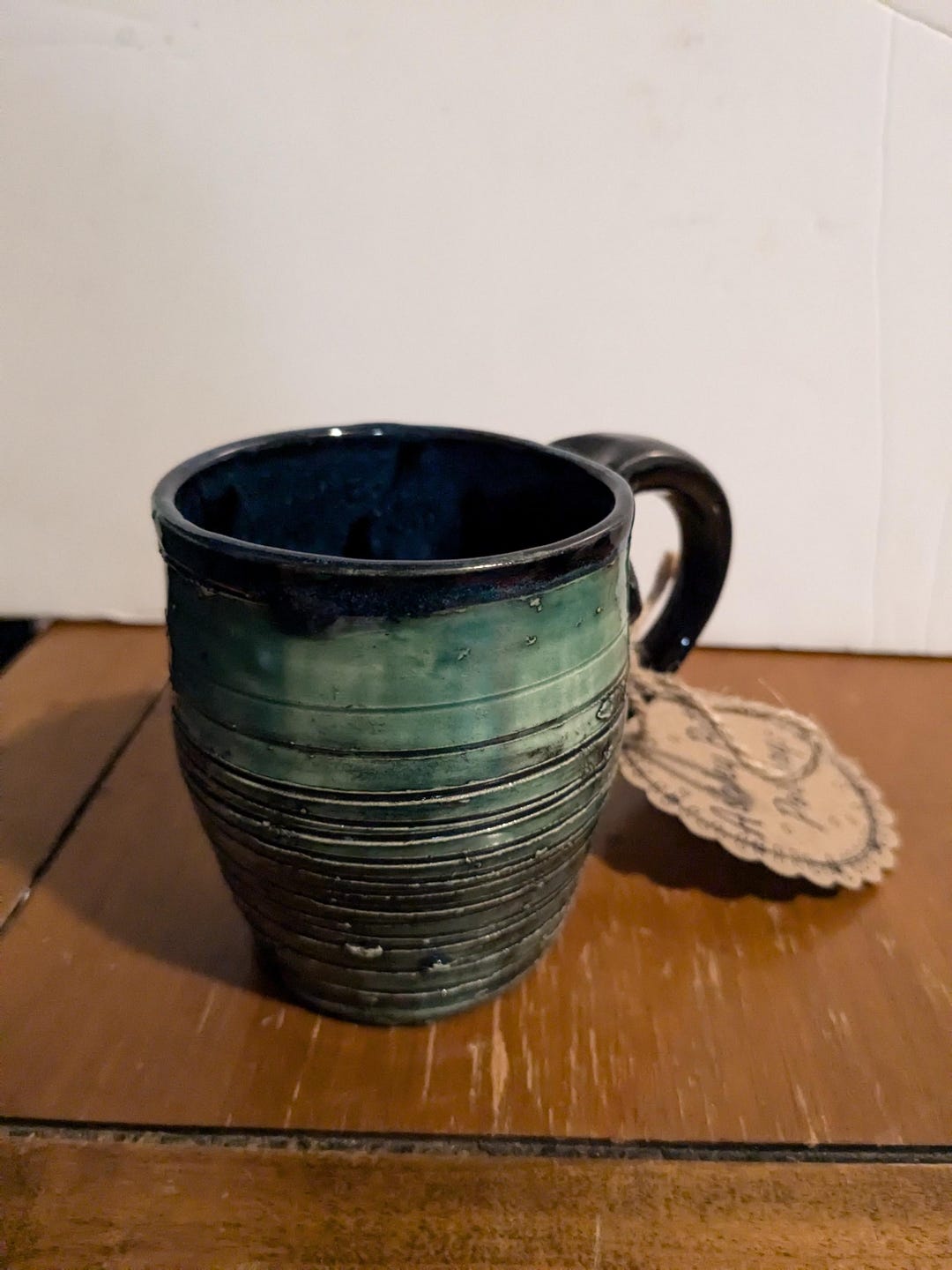 Green Pottery Mug, Black and Blue Distressed Ceramic Coffee Cup, 7 Oz ...