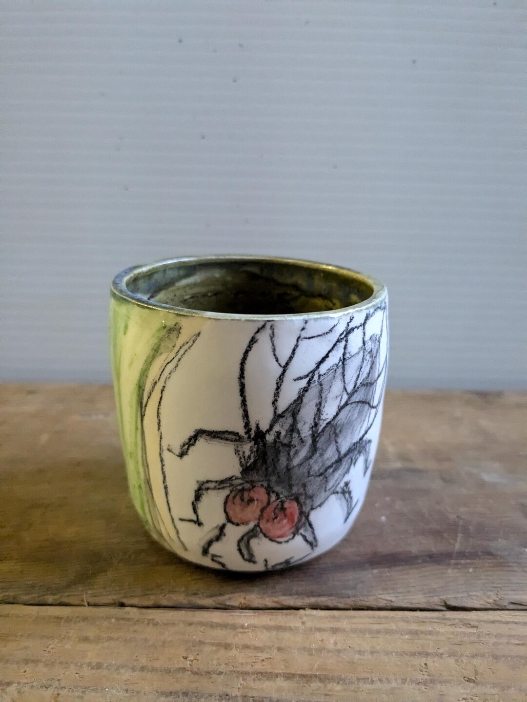 Hand Drawn Ceramic House Fly Cup, Green Handmade Insect Woodland Buddy ...