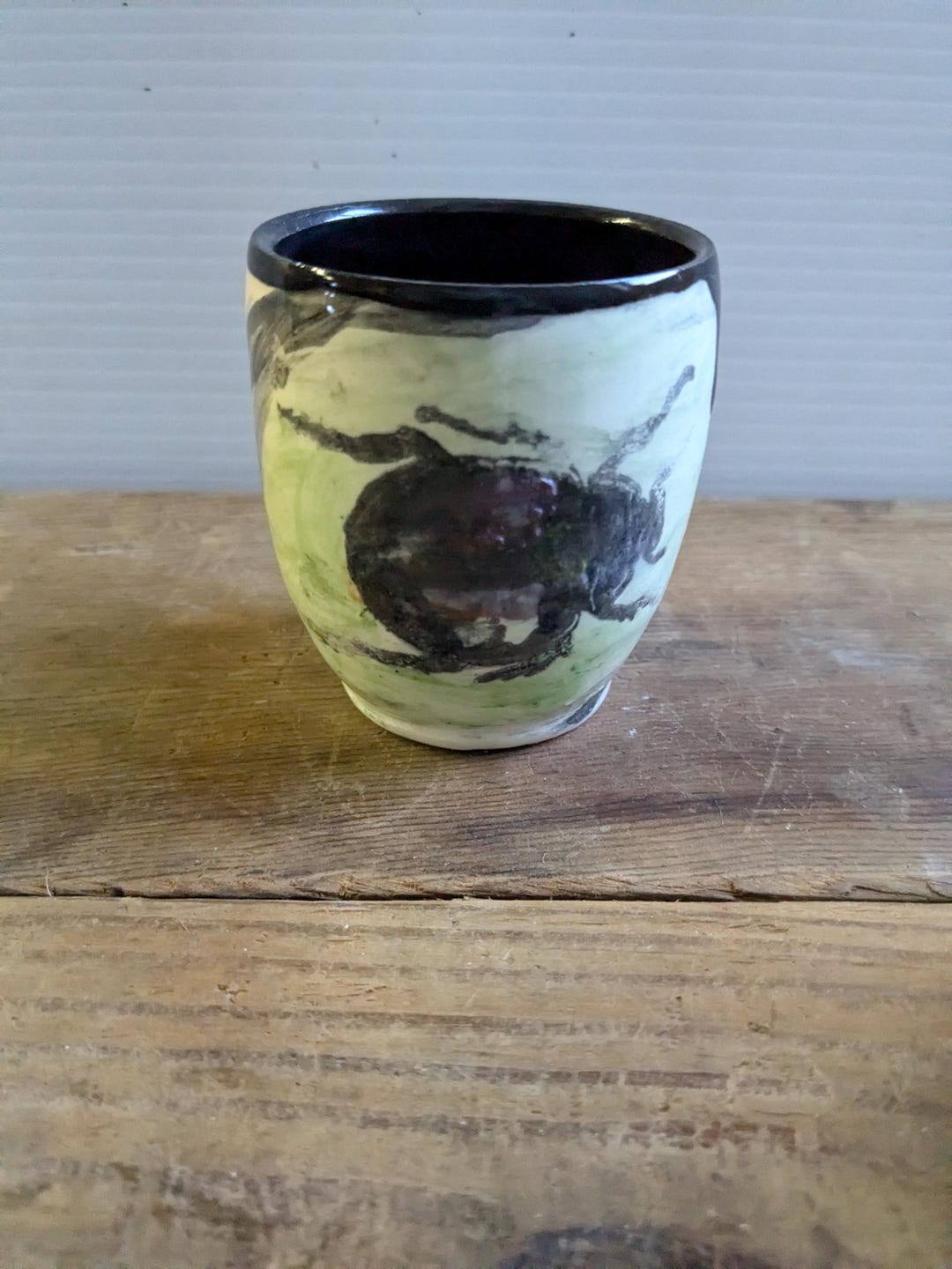Hand Drawn Ceramic Blue Purple Beetle Cup, Green & White Handmade ...