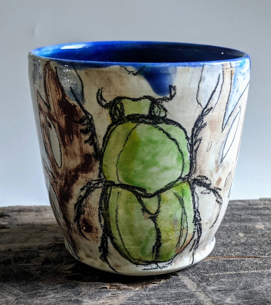 Hand Drawn Ceramic Green Beetle Cup, White Handmade Insect Woodland ...