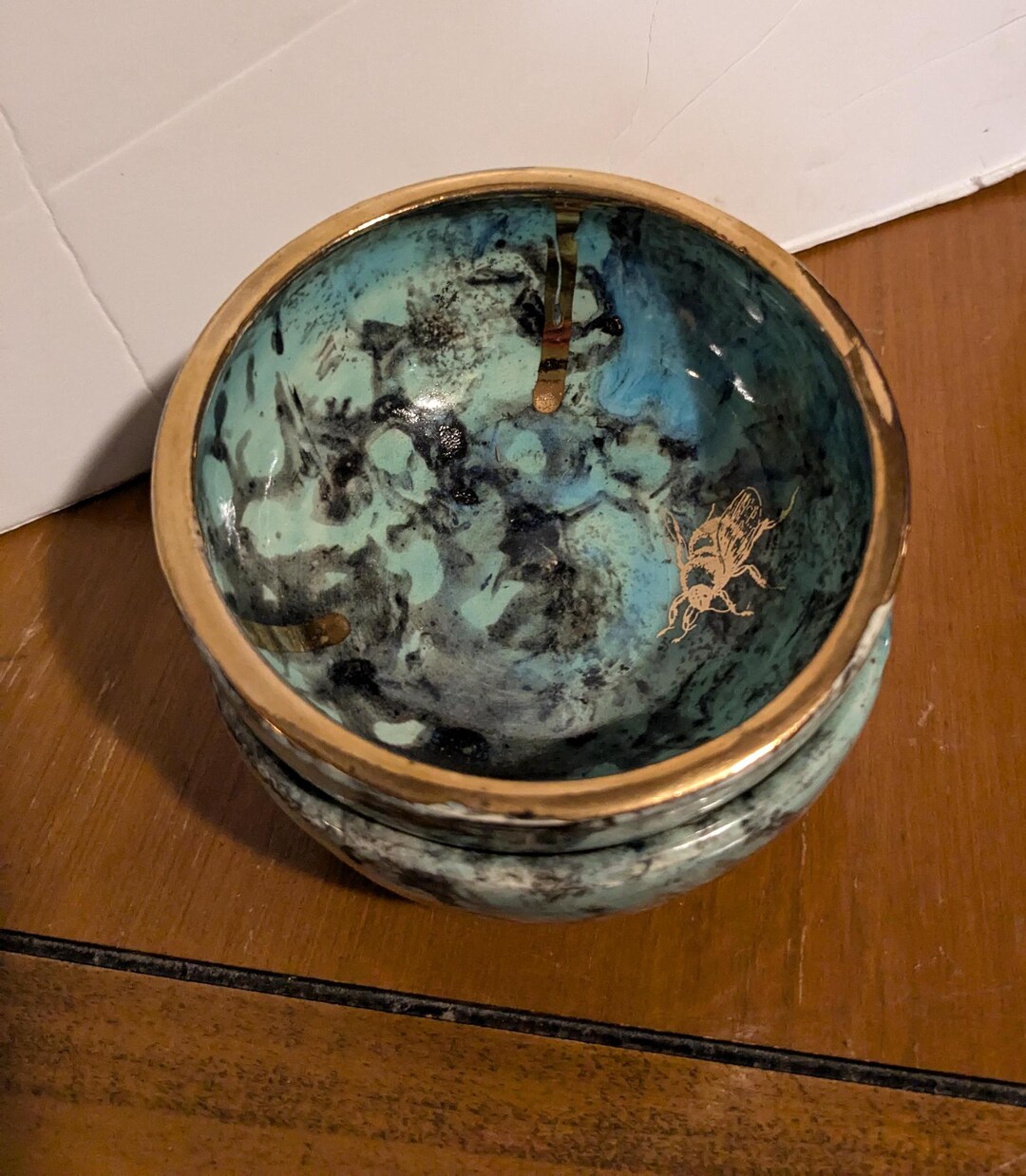 Gold Bee Accent Blue Beehive Pottery Bowl, Handmade Ceramic Trinket ...