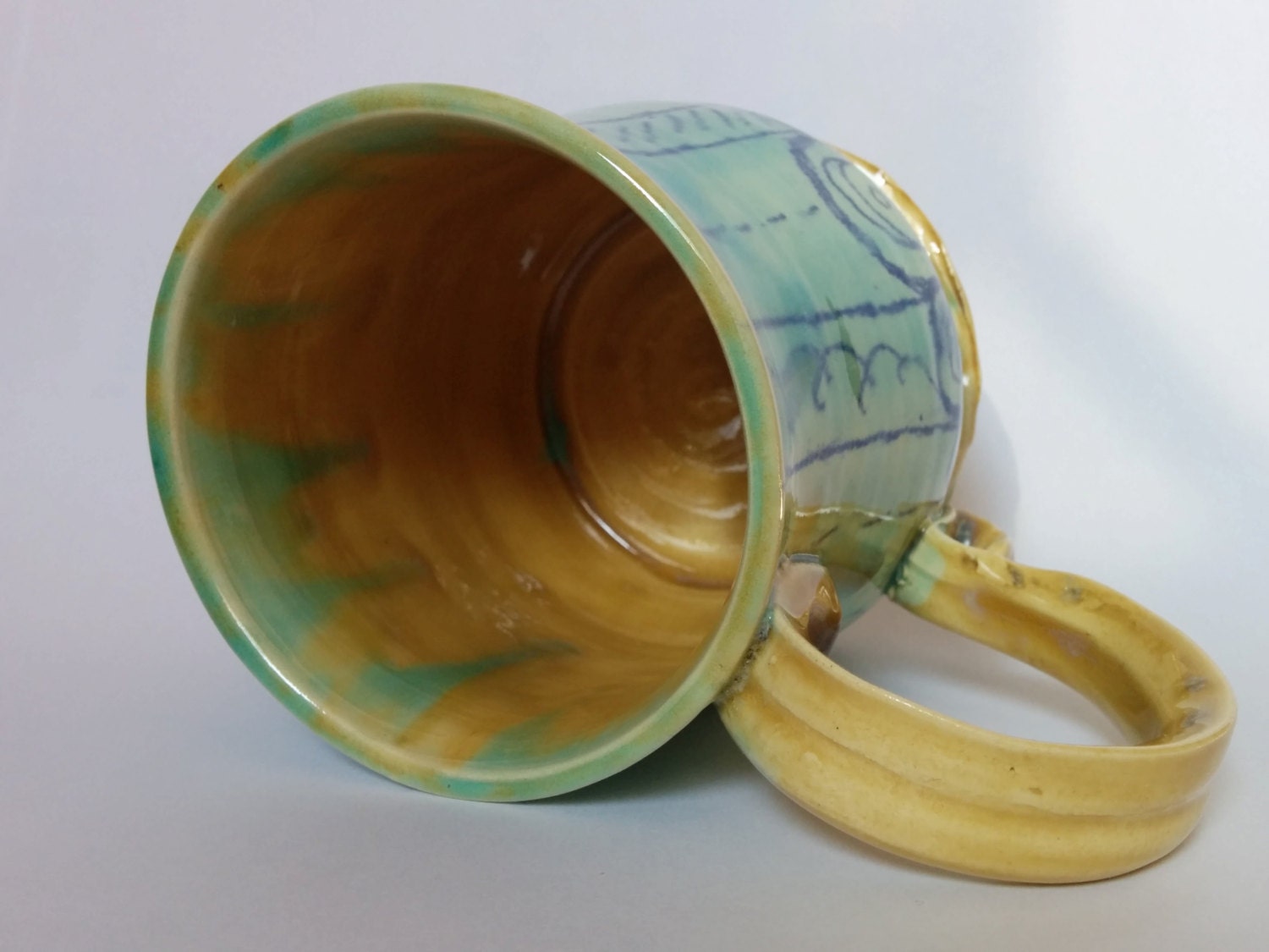 Aqua Blue and Yellow Pottery Mug, Handmade Ceramic Coffee Cup, Hand ...