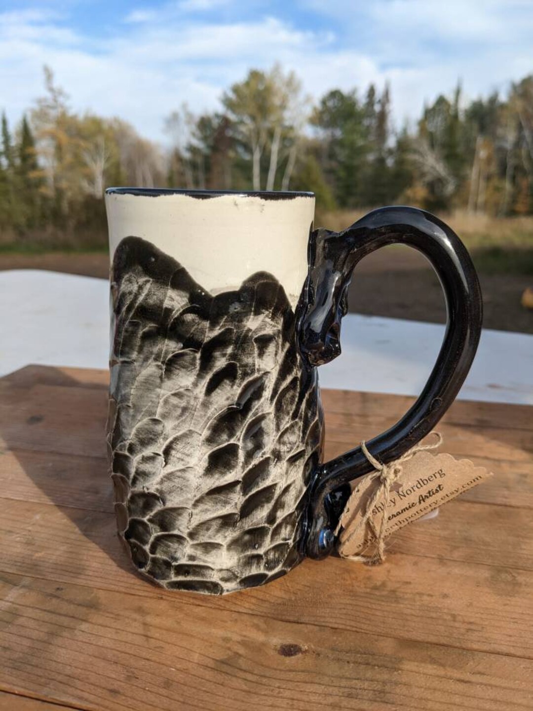Black and White Boho Mermaid Pottery Mug, Handcarved Dragon Fish Scale ...