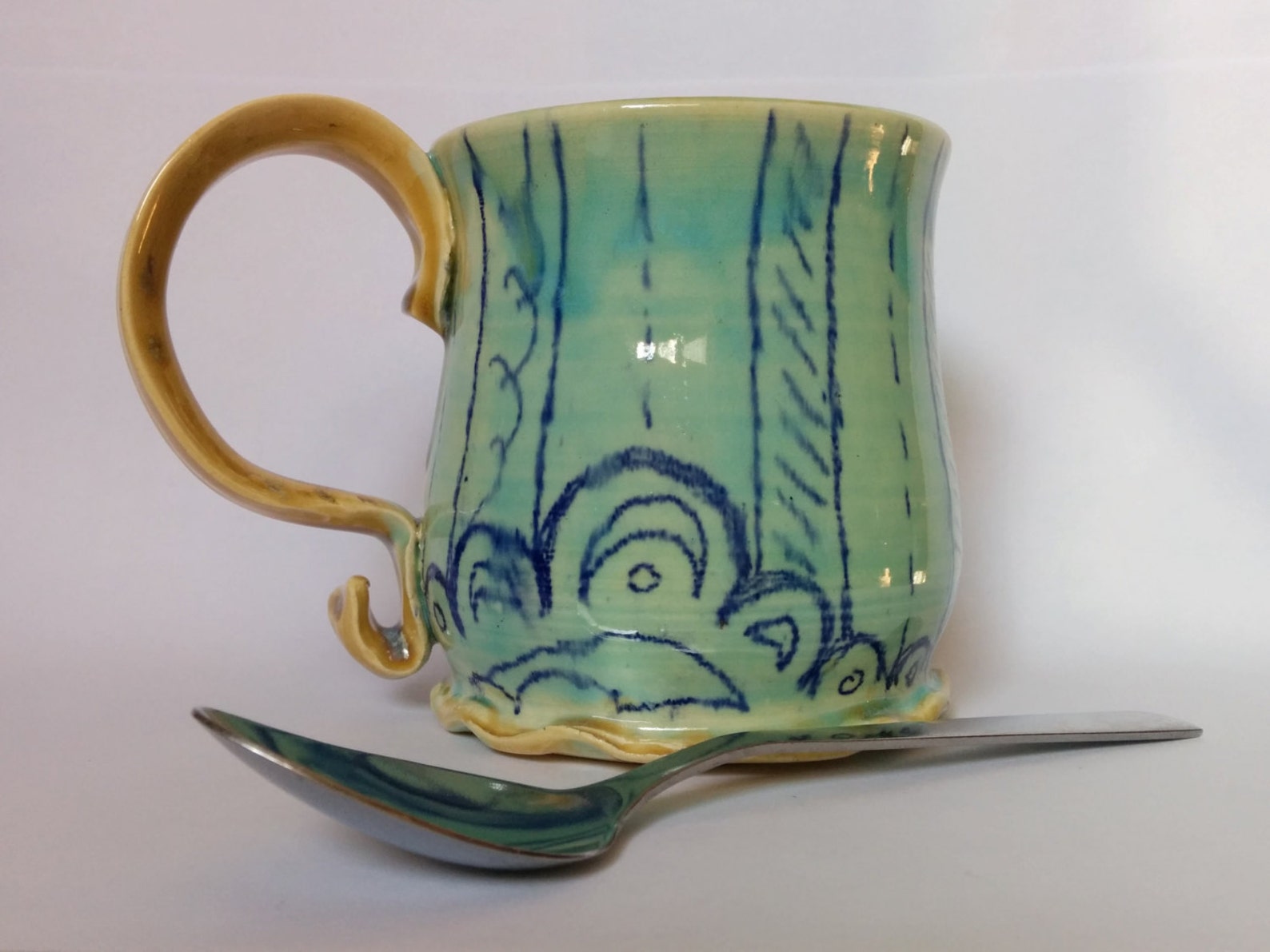Aqua Blue and Yellow Pottery Mug, Handmade Ceramic Coffee Cup, Hand ...