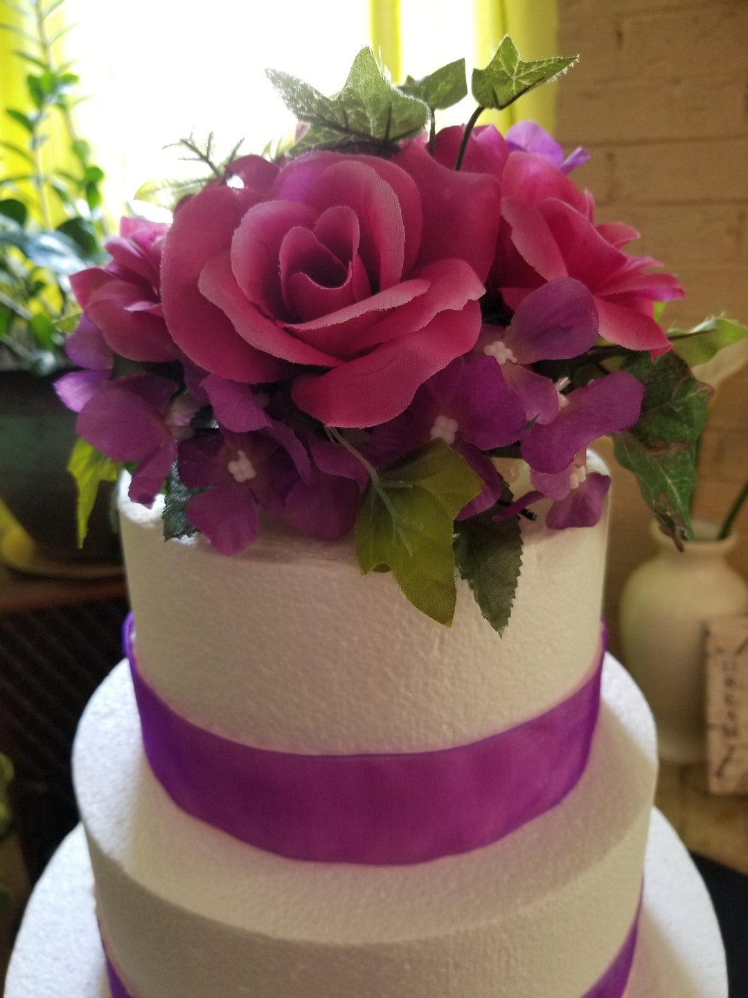 Pink Rose Cake Topper With Dark Fuchsia Hydrangea and Ivy - Etsy