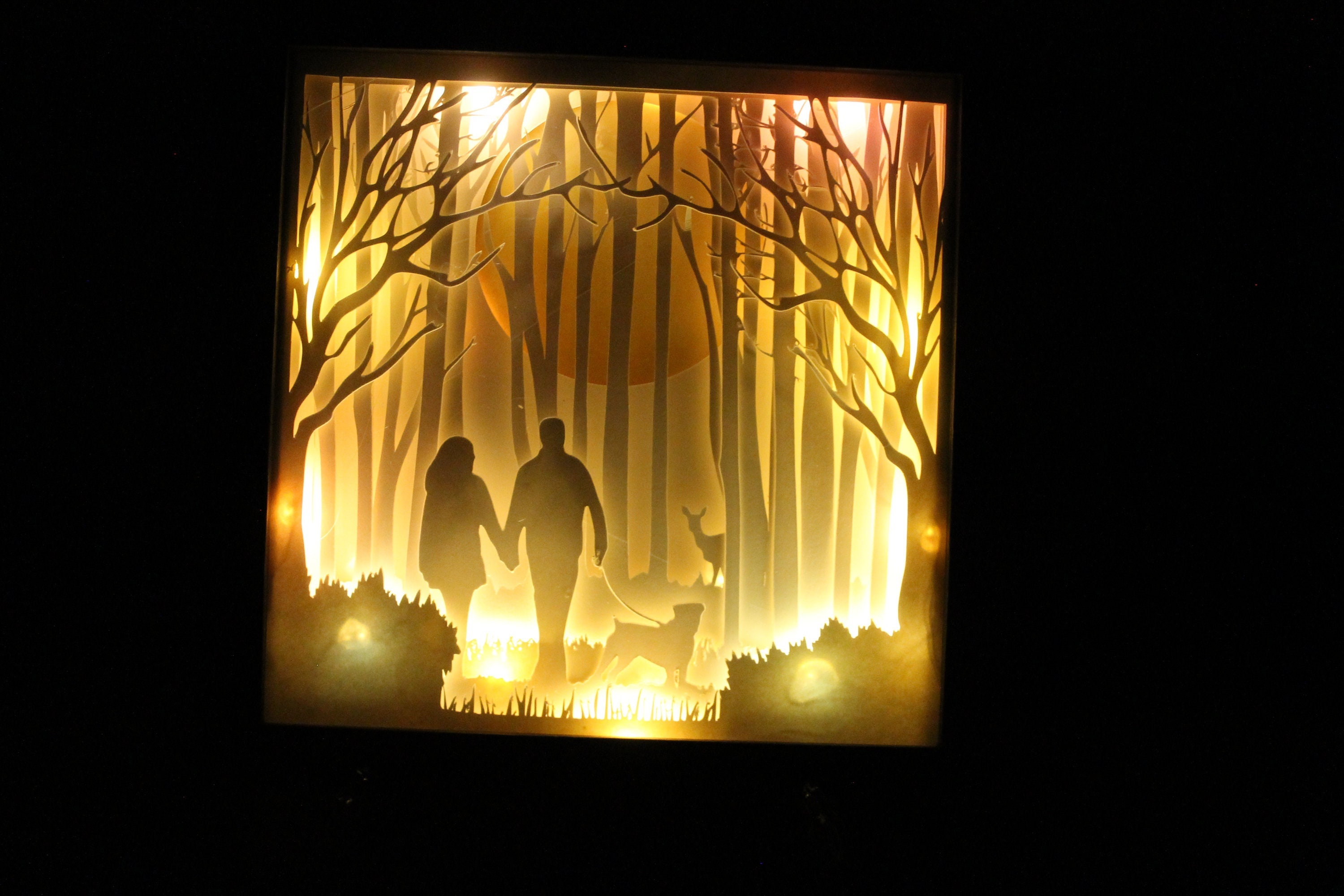 Light up Couple With Dog Shadow Box, Light up 3D Woods 8x8 Shadow Box ...