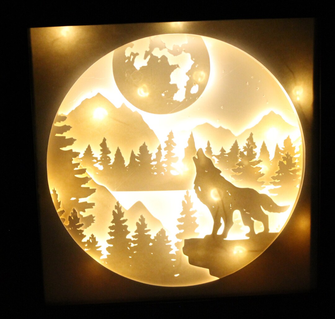 Light up Howling Wolf Shadow Box, Illuminated 3D Wolf and Moon 8x8 ...