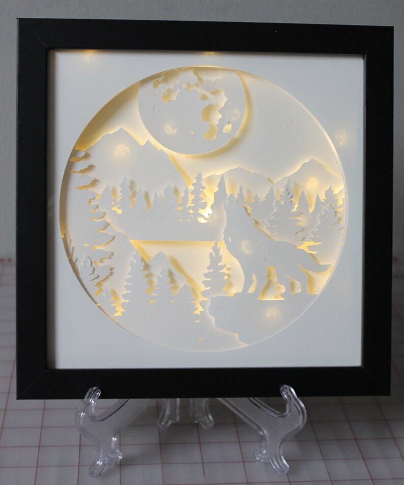 Light up Howling Wolf Shadow Box, Illuminated 3D Wolf and Moon 8x8 ...