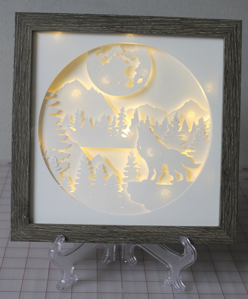 Light up Howling Wolf Shadow Box, Illuminated 3D Wolf and Moon 8x8 ...