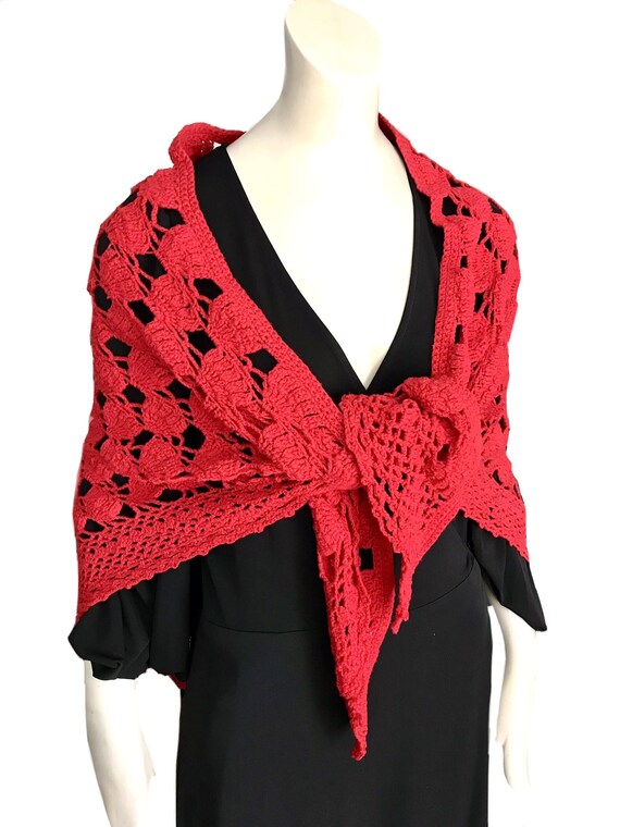 1970's red crochet shawl / 70s wool knit wrap jumper… - Gem