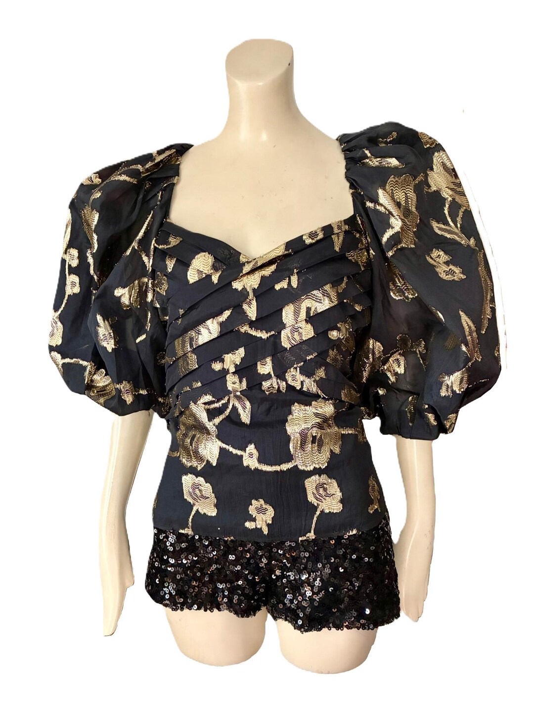 Dramatic Balloon Sleeve Floral Cocktail Blouse / Black Gold Metallic ...