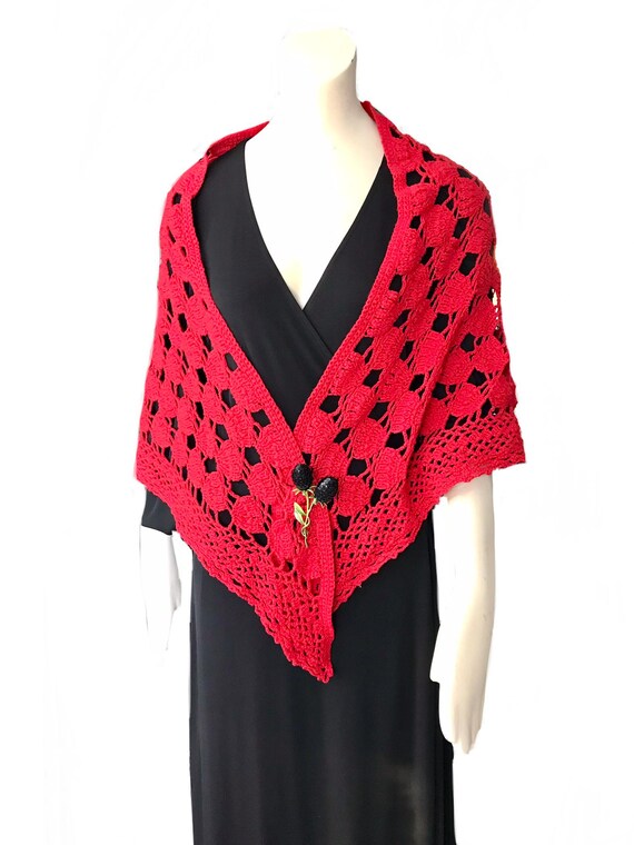 1970's red crochet shawl / 70s wool knit wrap jumper… - Gem