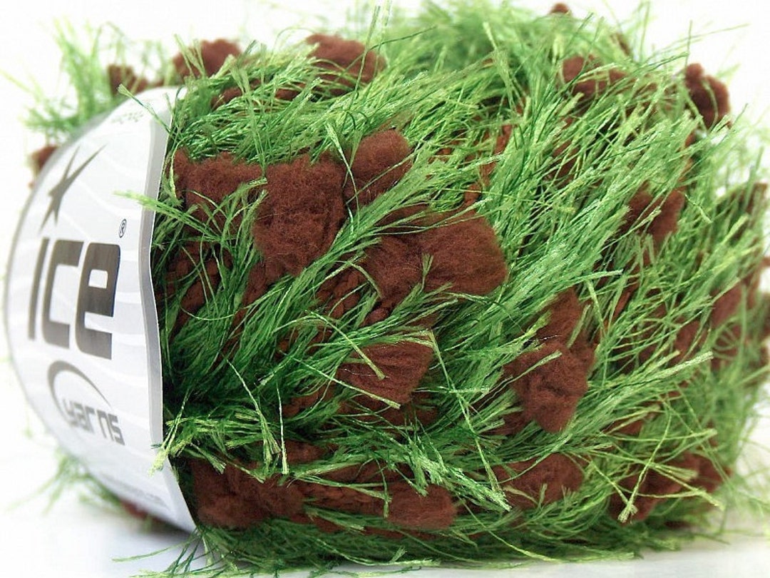 Pompom Eyelash Blend Yarn Popcorn Yarn Green Brown, 1 Skein 50 Gr. / 1. ...