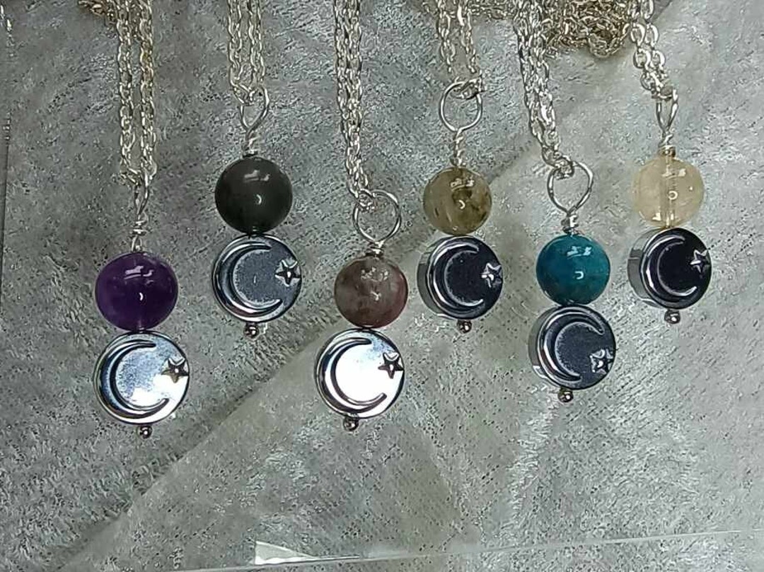 Crystal Moon & Star Necklace, Hematite Moon Stars Pendant, Genuine ...