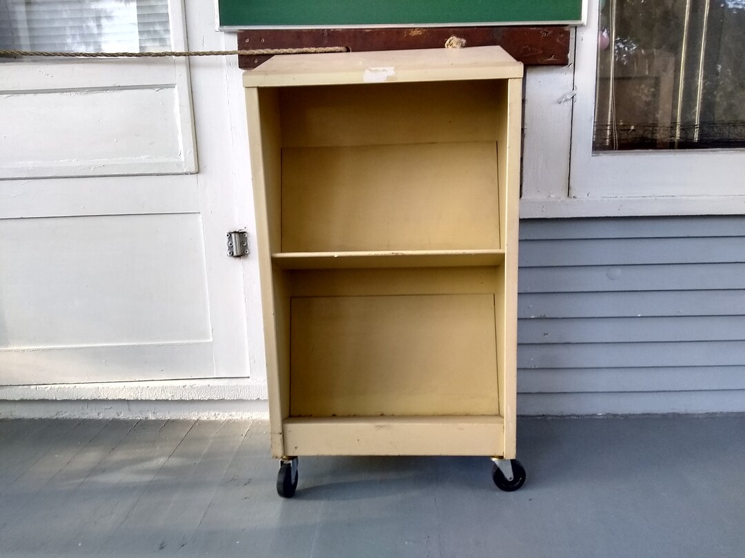 Vintage Rolling Metal Book Shelf Library Cart Metal Shelving Unit ...
