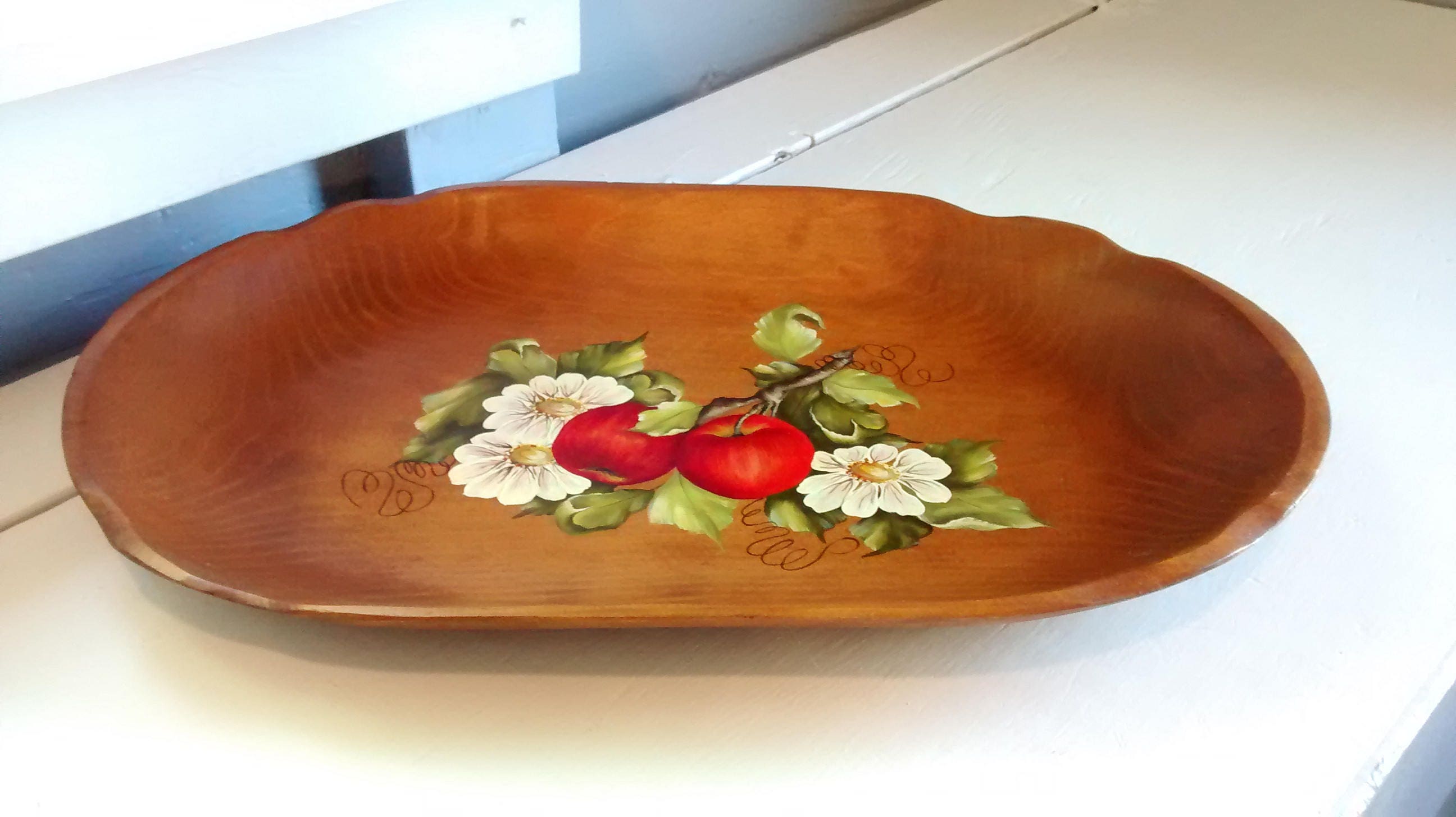 Vintage, Large, Oval, Wood, Bowl, Tray, Platter, Apple, Daisies, Wall ...