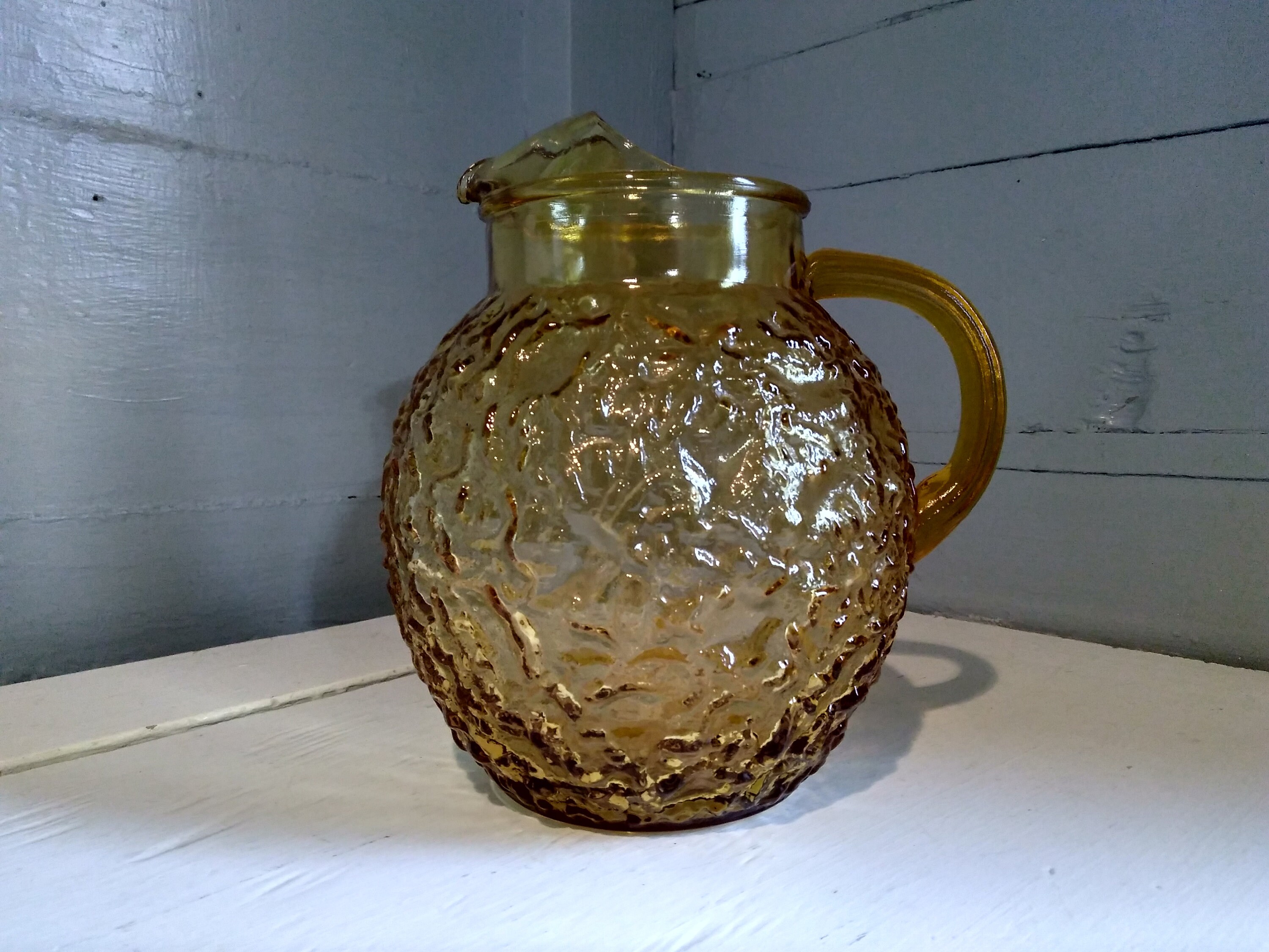 Vintage Gold Glass Pitcher Anchor Hocking Milano Lido Ball Pitcher