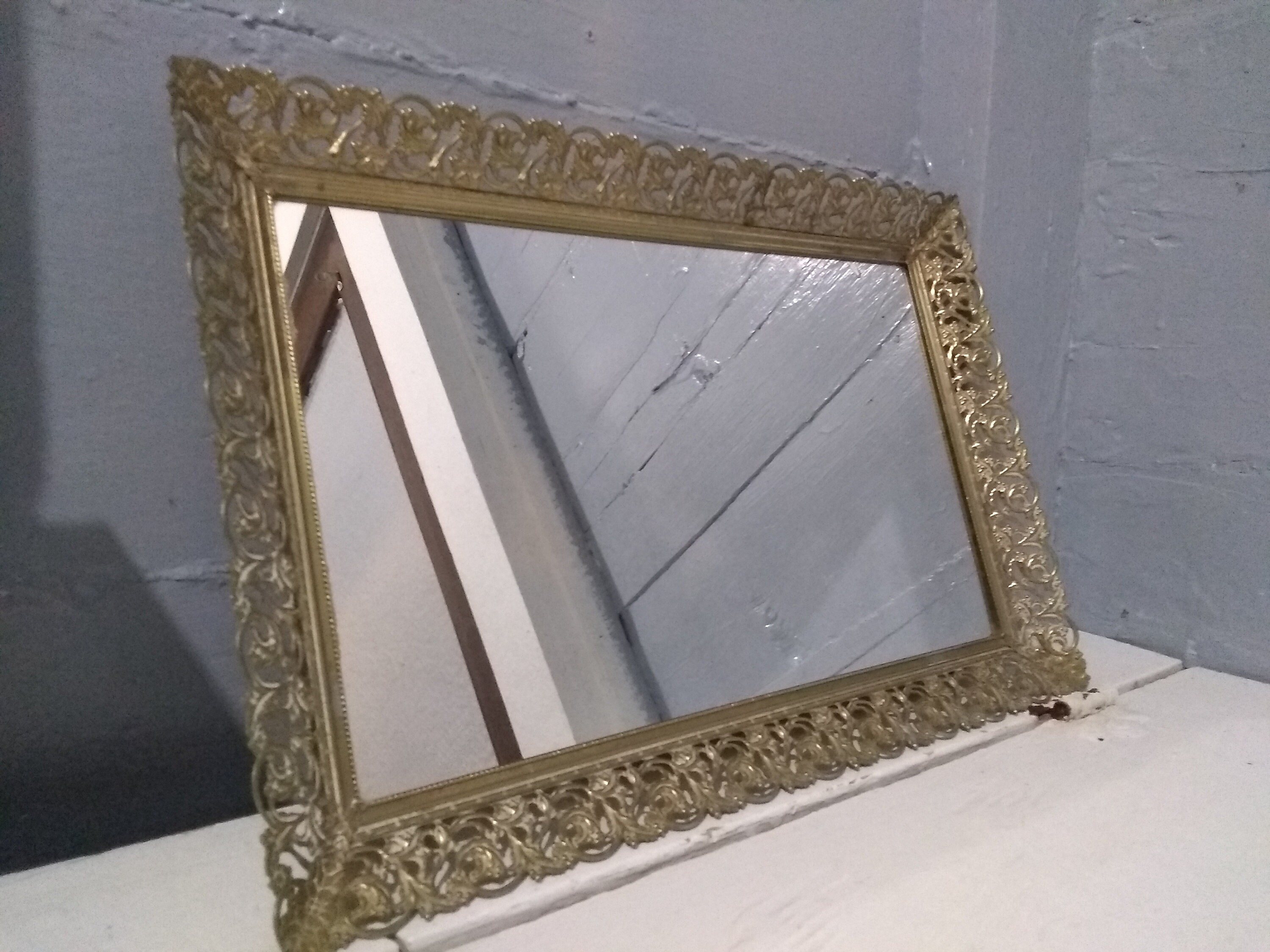 Vintage Mirror Vanity Tray Perfume Tray Metal Decorative Rectangular Brass Finish Midcentury