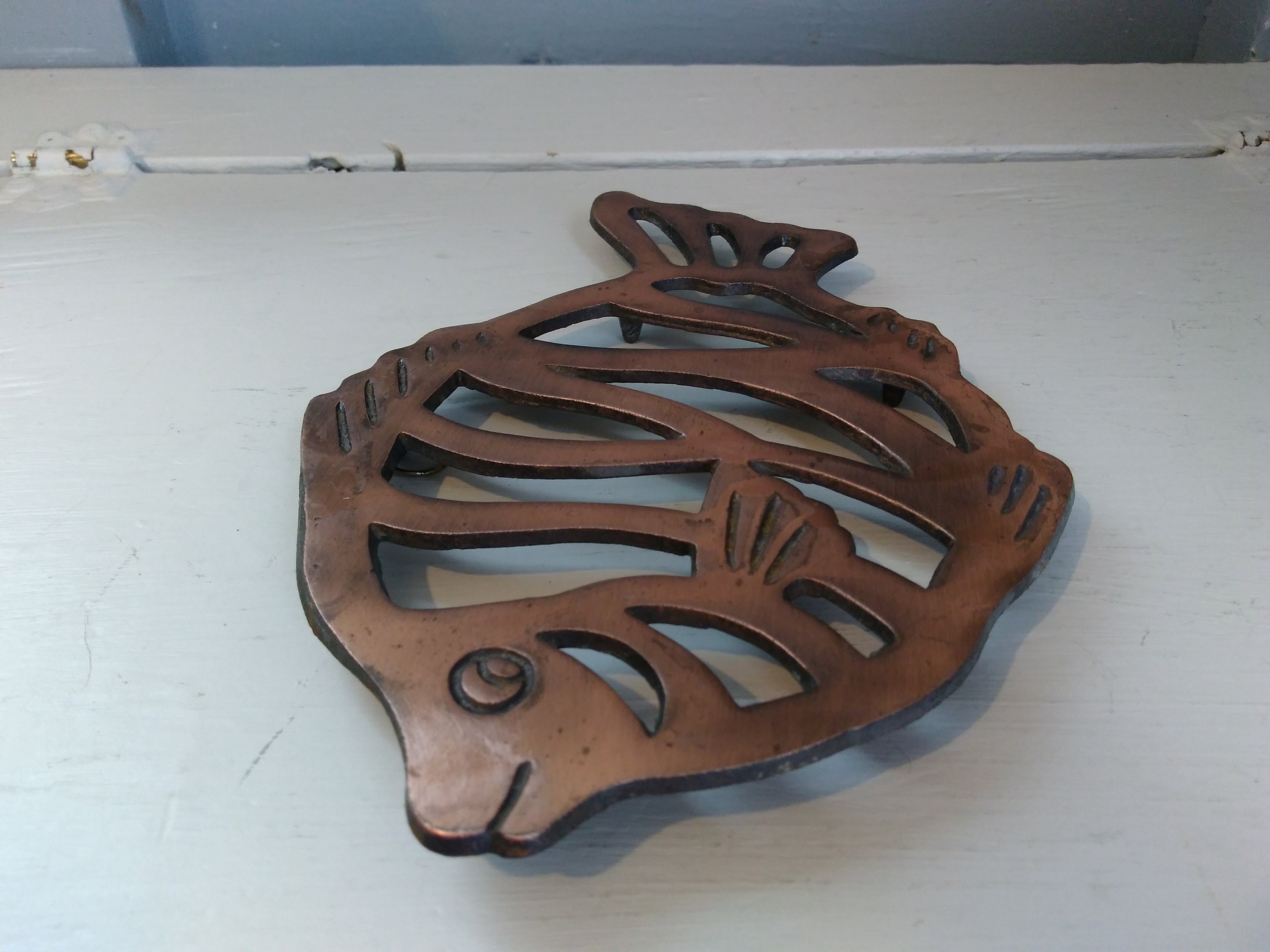 Trivet 80s Fish Shaped Cast Iron Copper Color Footed Hanging Kitchen ...