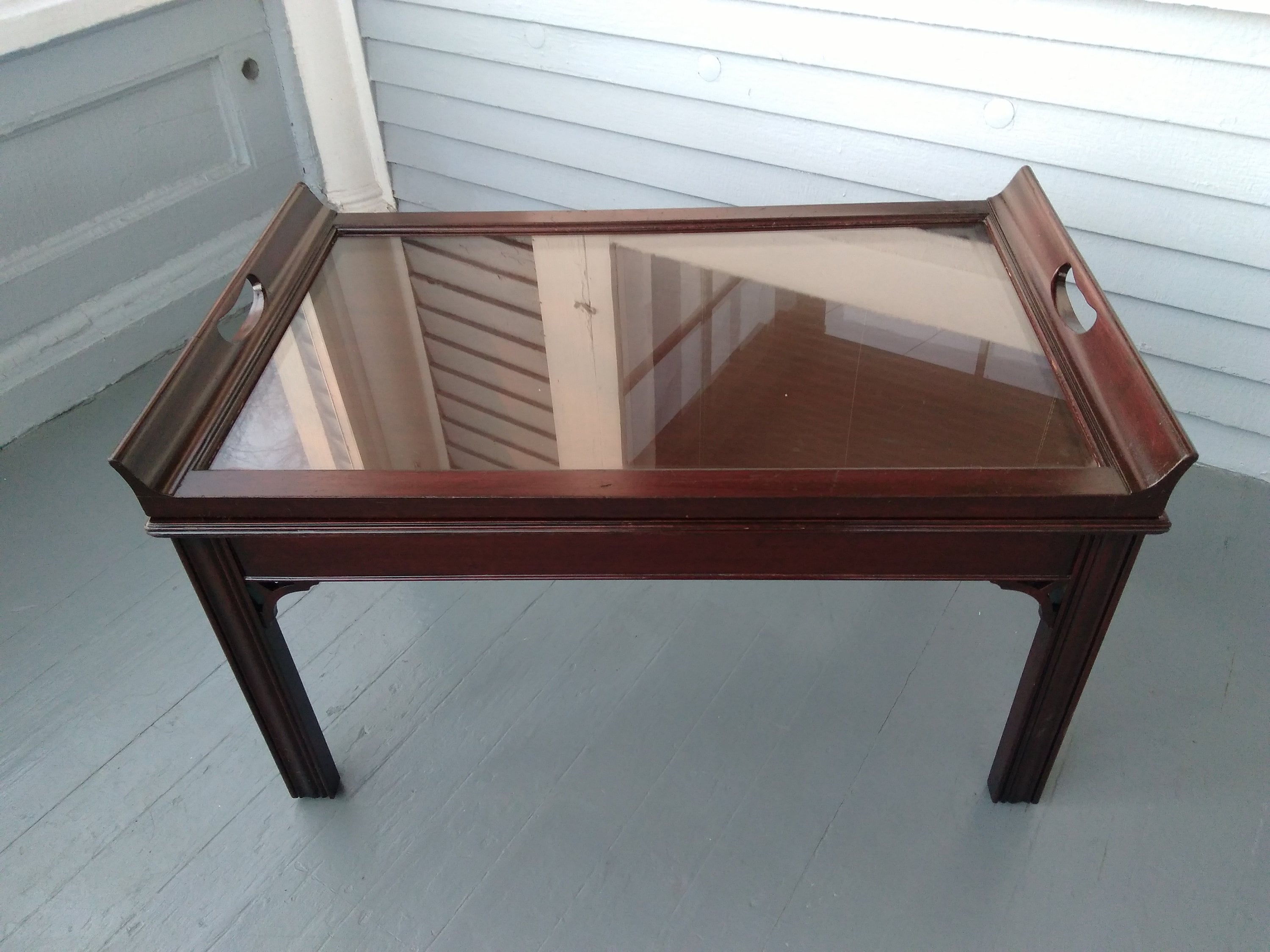 Antique Wood Coffee Table Glass Serving Tray Top Butlers Table Tea ...