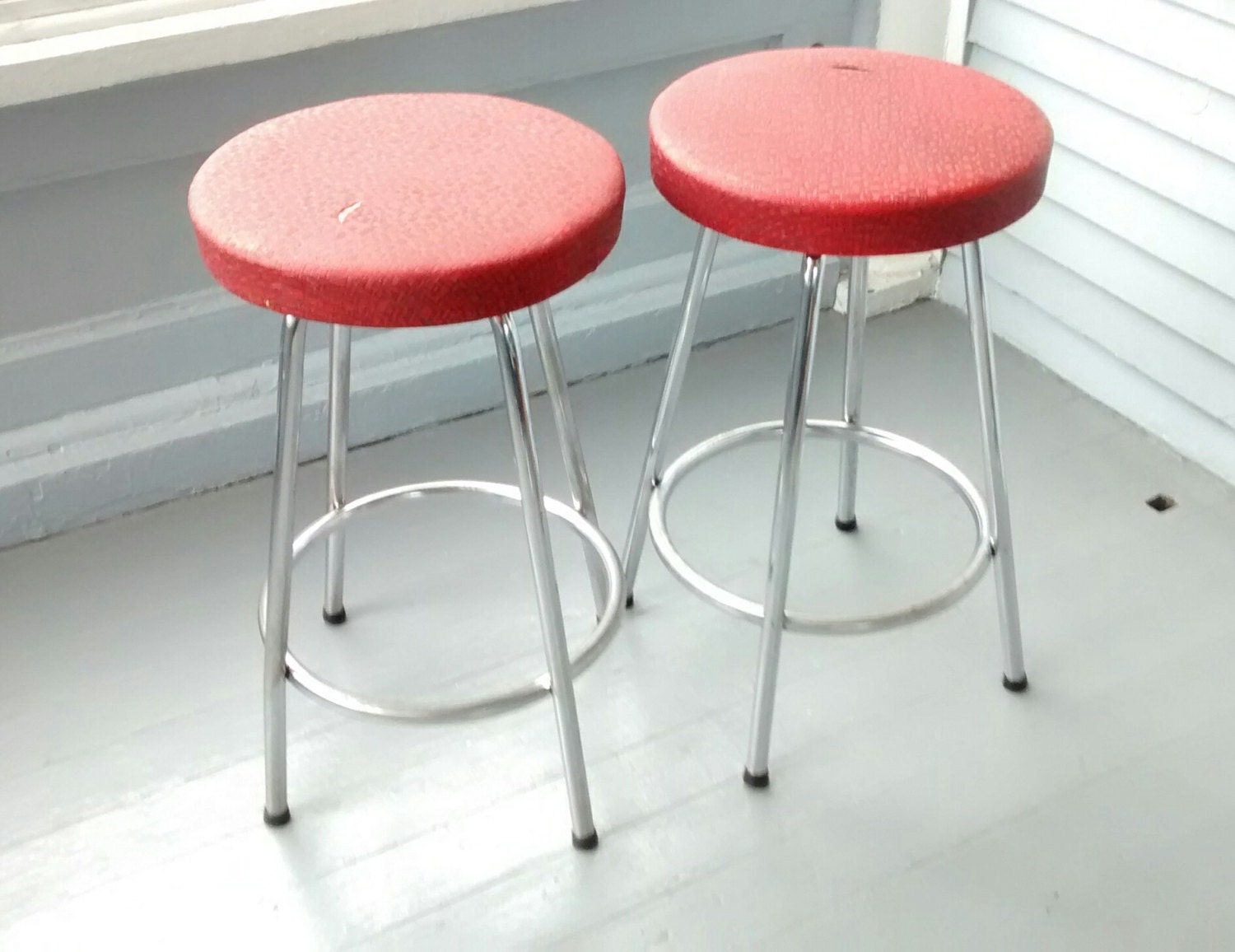 Pair of Kitschy 50s Bar Stools, Metal with Chrome and Upholstered Vinyl ...