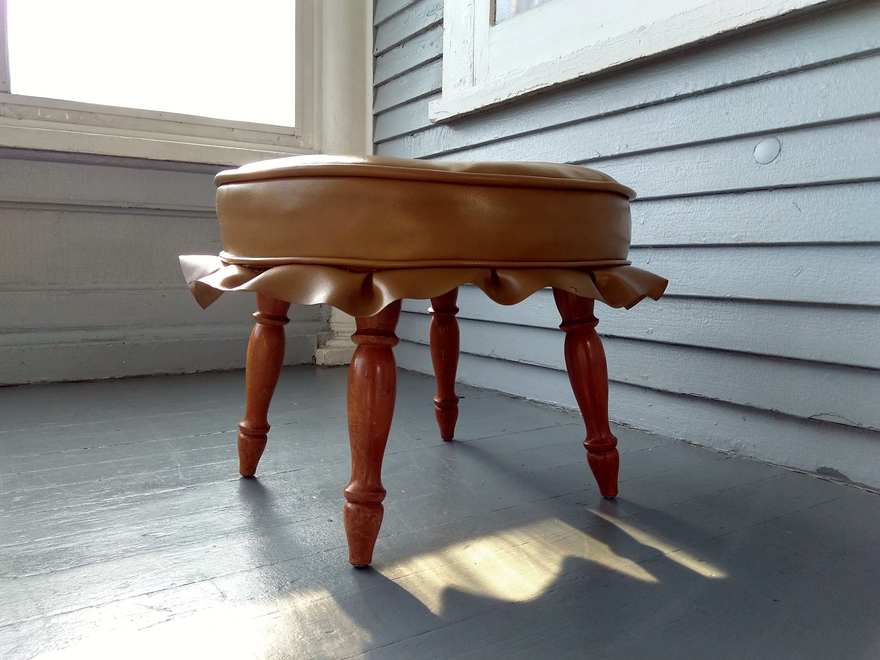 Vintage Foot Stool Upholstered Wood Legs Round Vinyl Mustard Color ...