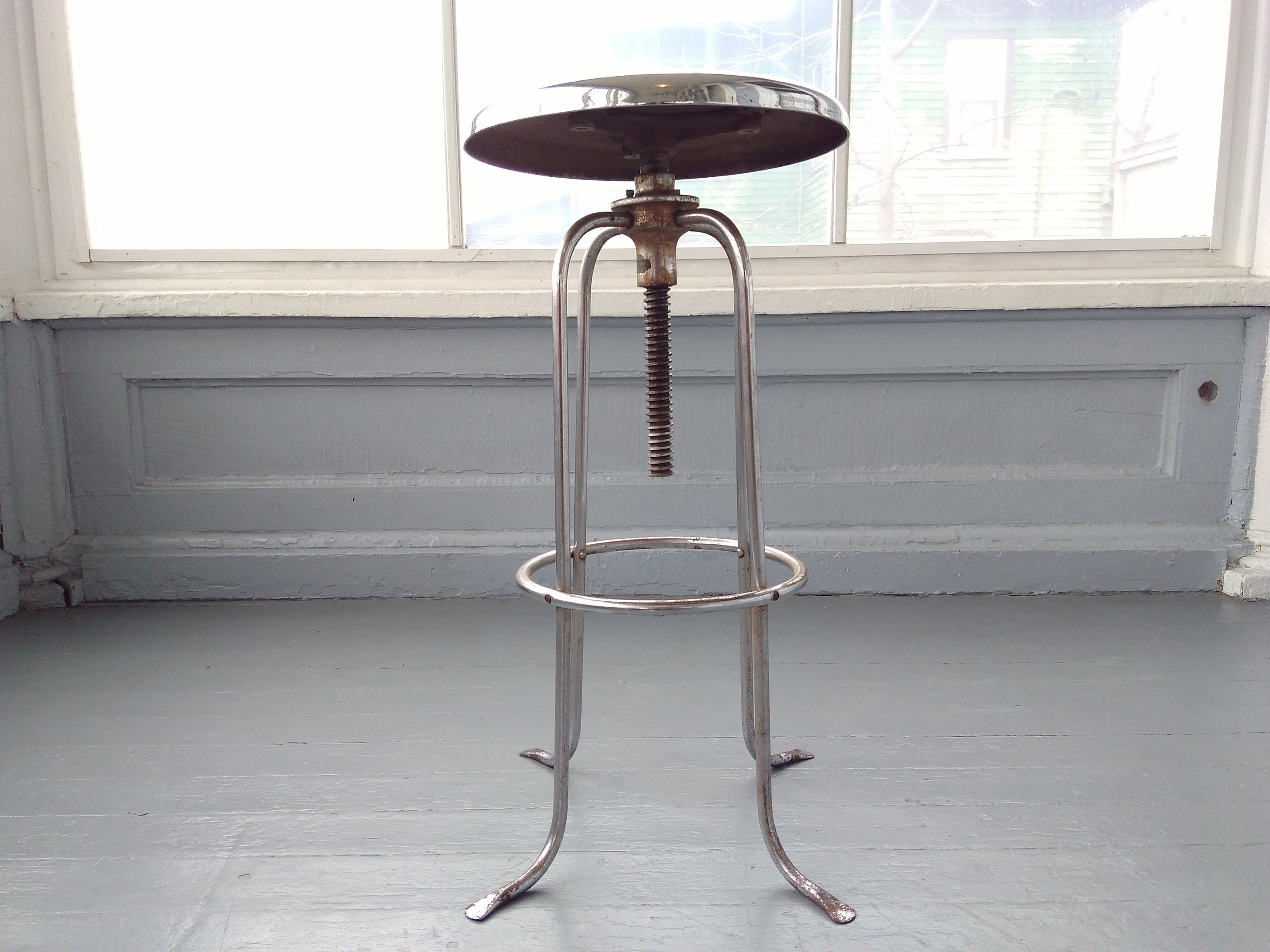 Antique Tall Metal Stool Adjustable Round Silver Drafting Stool Bar ...