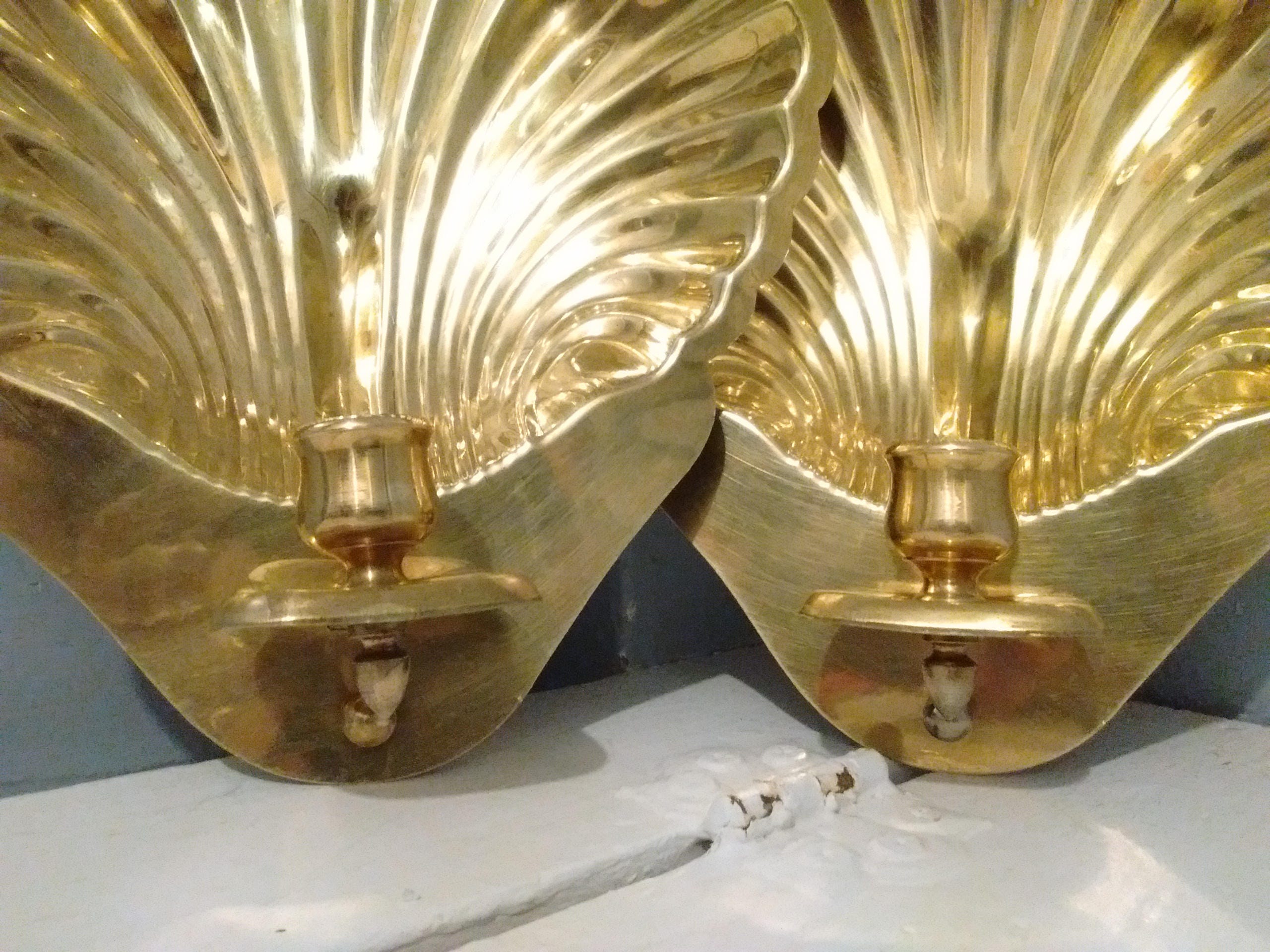 Vintage, Candle Sconces, Pair, Brass, Clam, Shell, Candle Holder, Wall ...