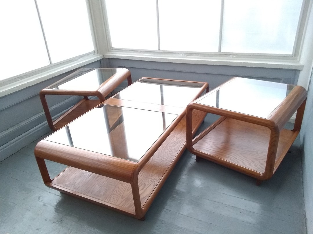 Coffee Table End Tables Retro 80s Open Concept Wood and Glass Matching ...