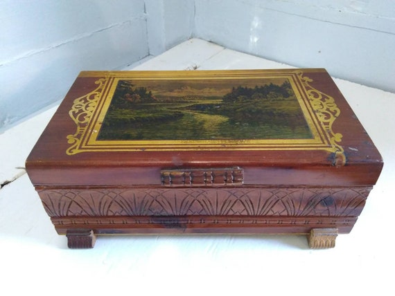Vintage Carved Wood Cedar Box with Nature Scene at To… - Gem