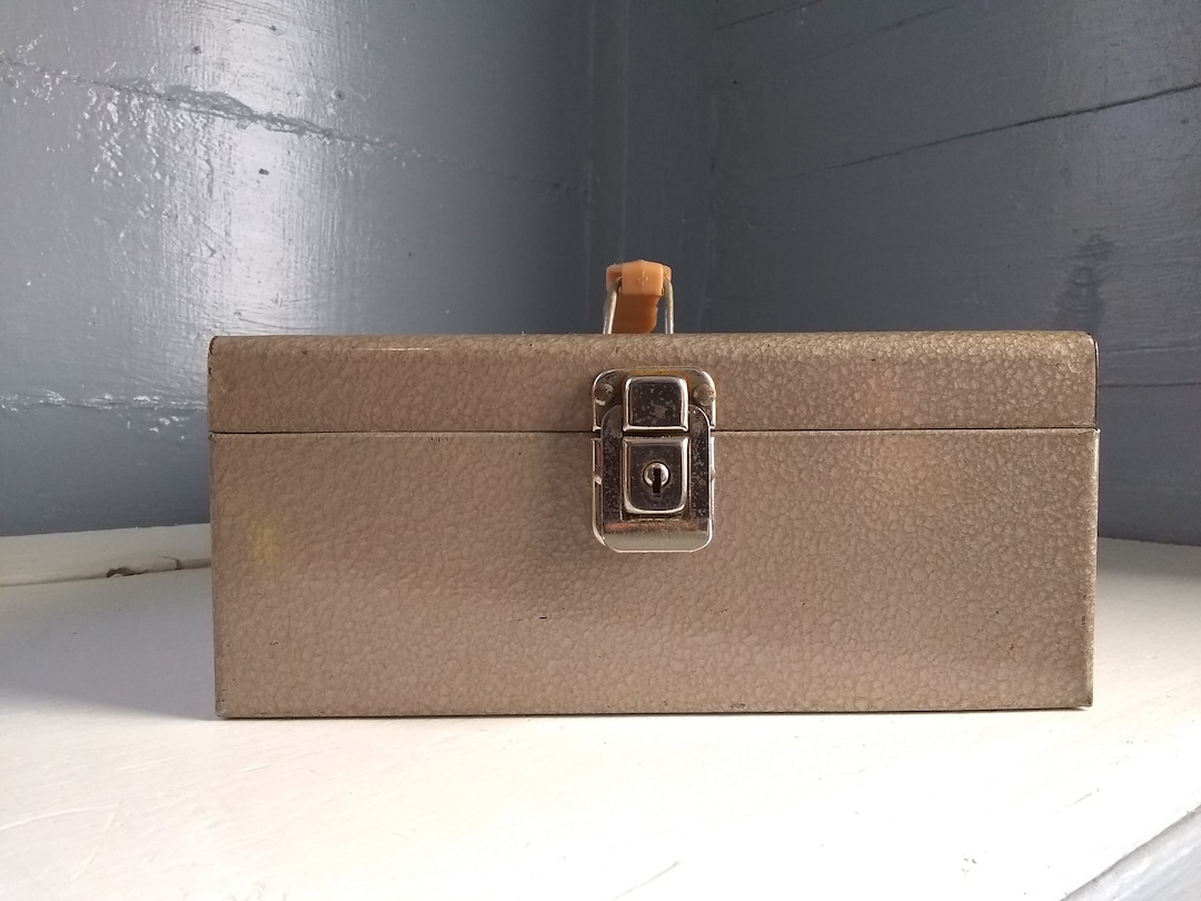 Vintage Metal Lock Box Check Box Tan Industrial Portable Home Office ...