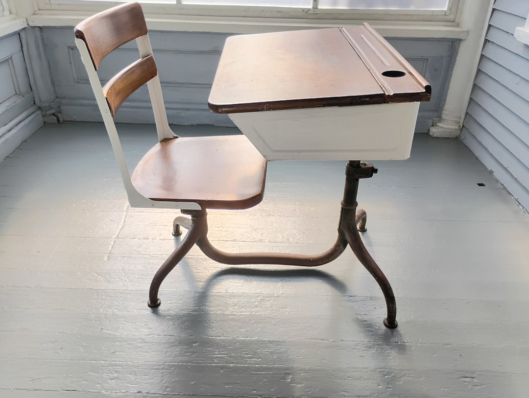 Antique School Desk Kids Desk and Chair Metal and Wood Homework Desk ...