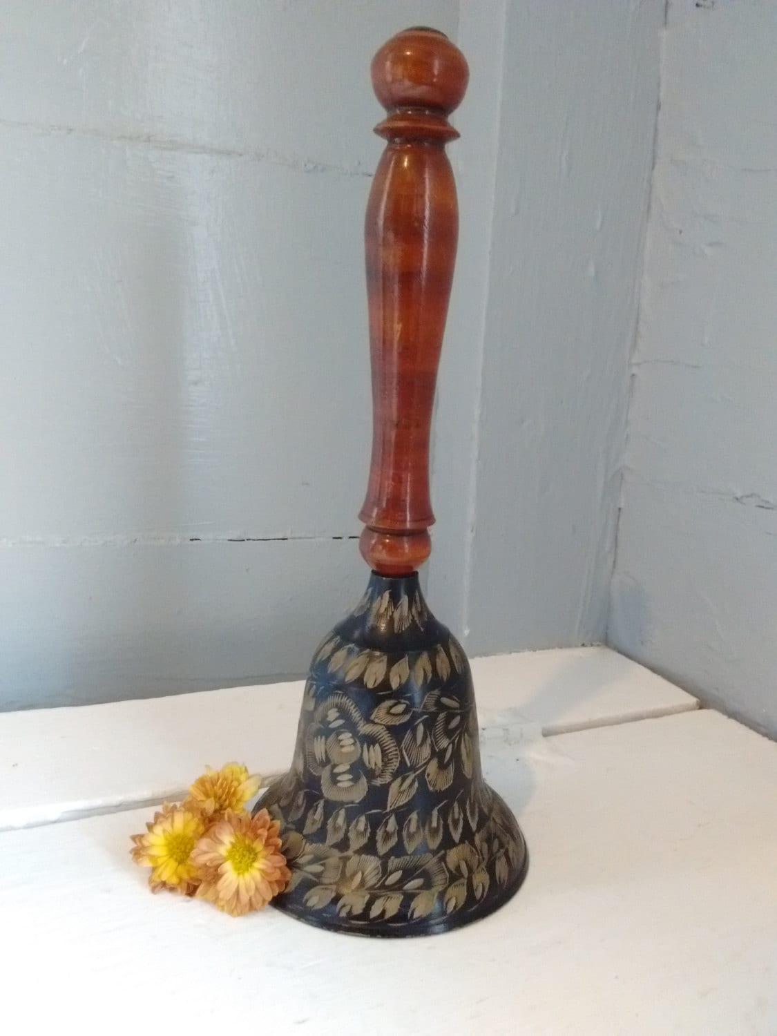 Vintage, Bell, Brass, Hand Bell, Long, Handle, Large, Etched, Brass ...