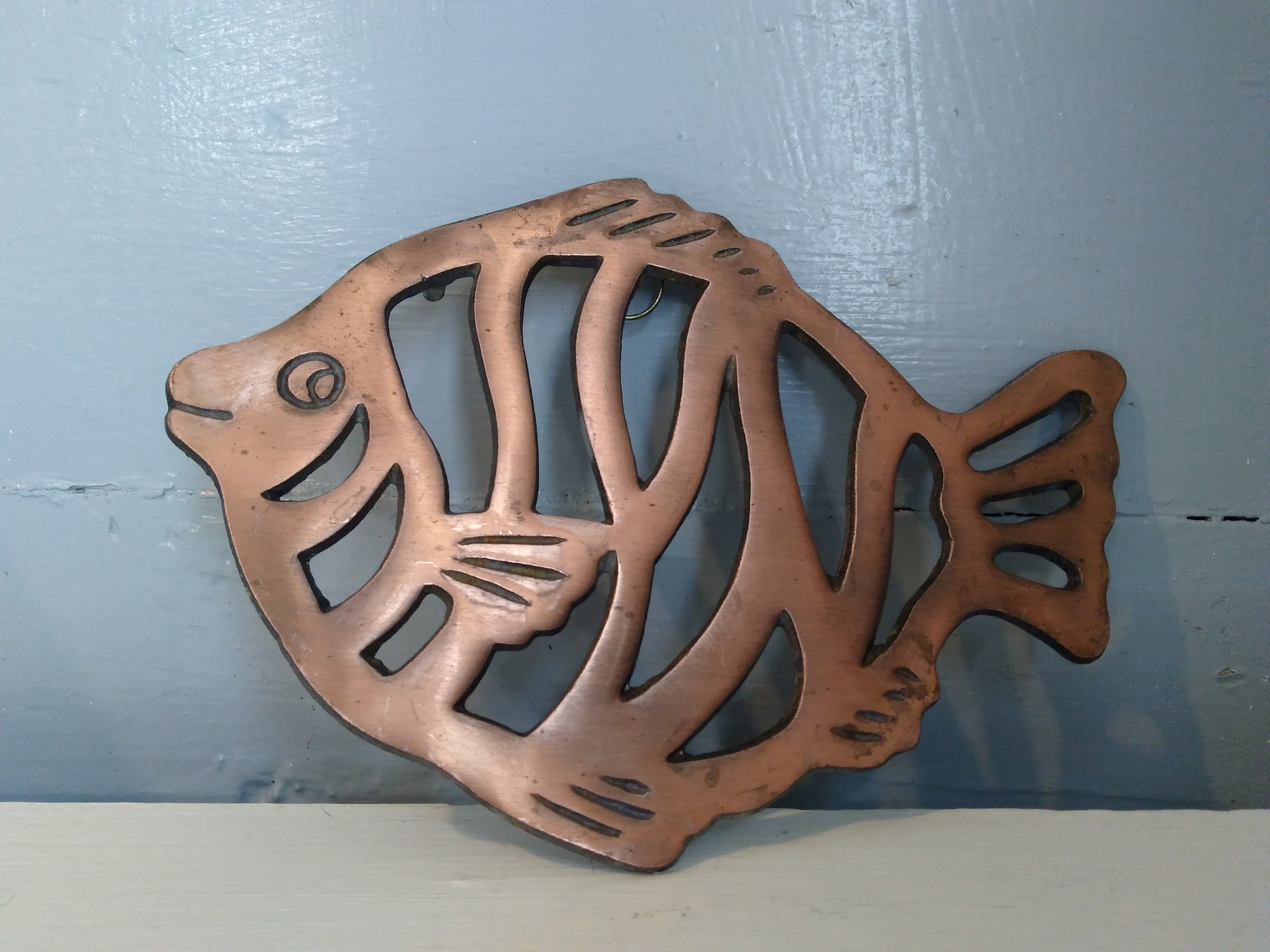 Trivet 80s Fish Shaped Cast Iron Copper Color Footed Hanging Kitchen ...