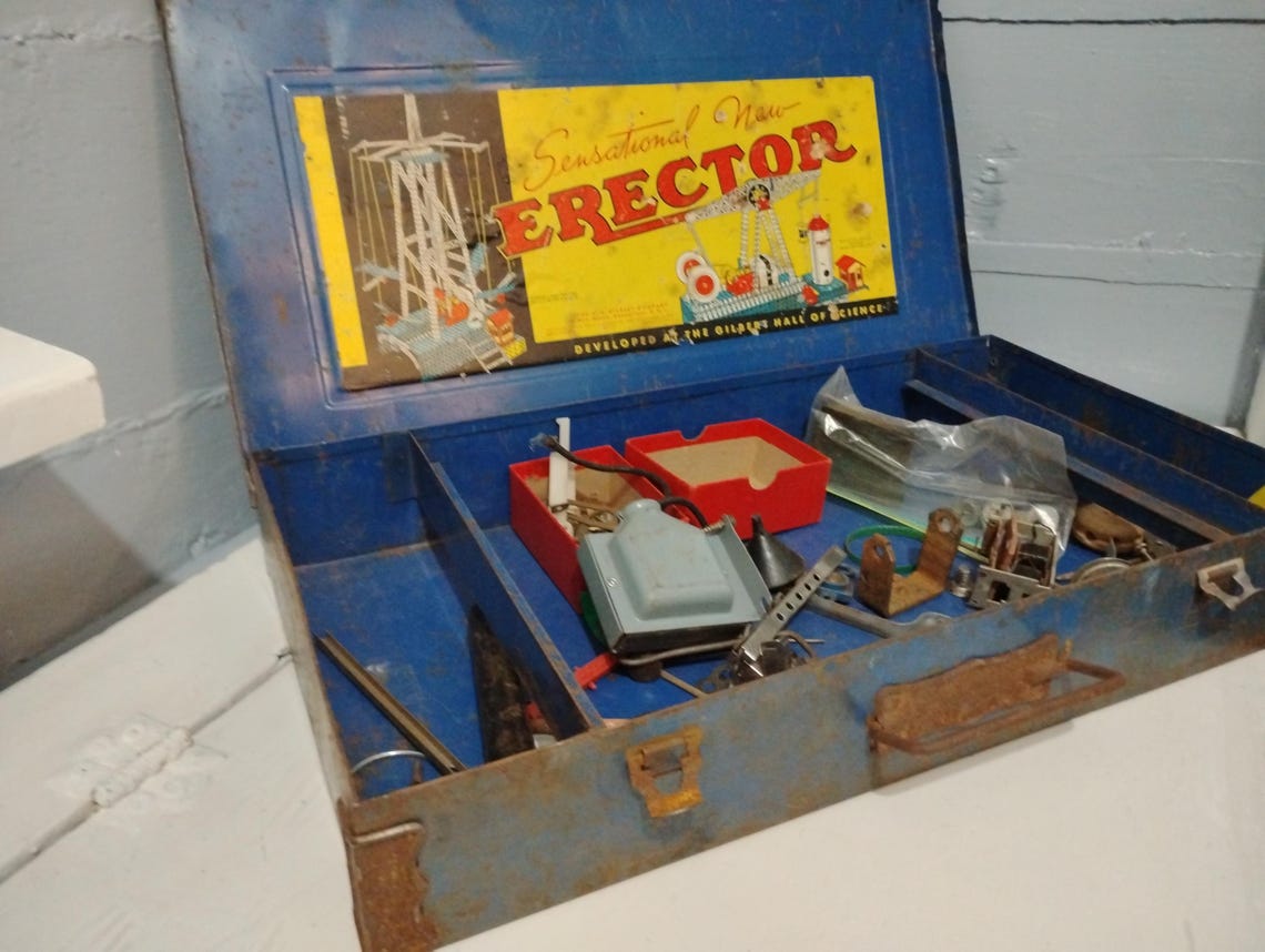 Vintage Blue Metal Erector Set Box With Parts - Photo Prop Display ...