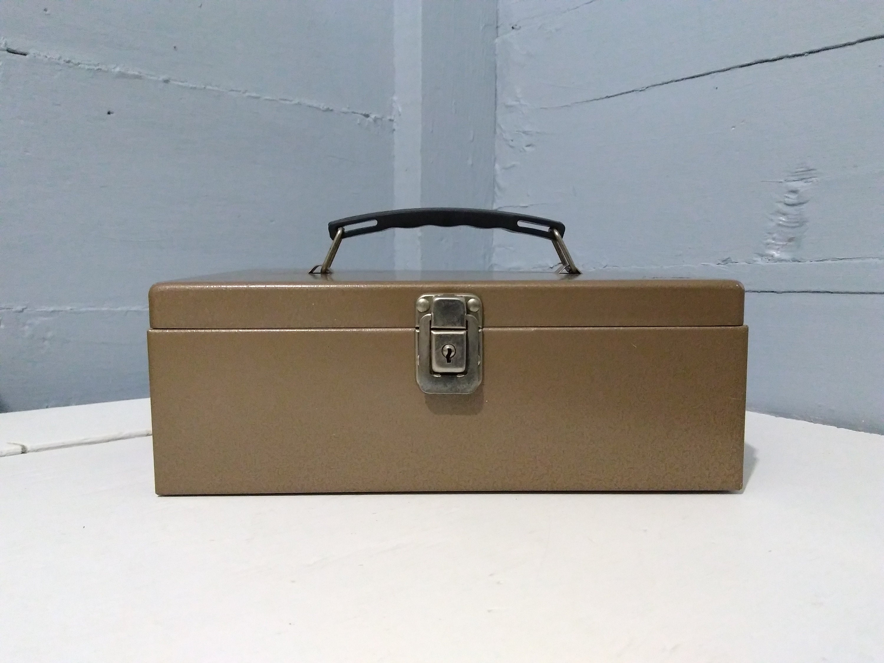 Vintage Metal Lock Box with Key Check Box Tan Industrial Portable Home ...