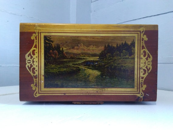 Vintage Carved Cedar Box: Rustic Nature Scene, Footed… - Gem