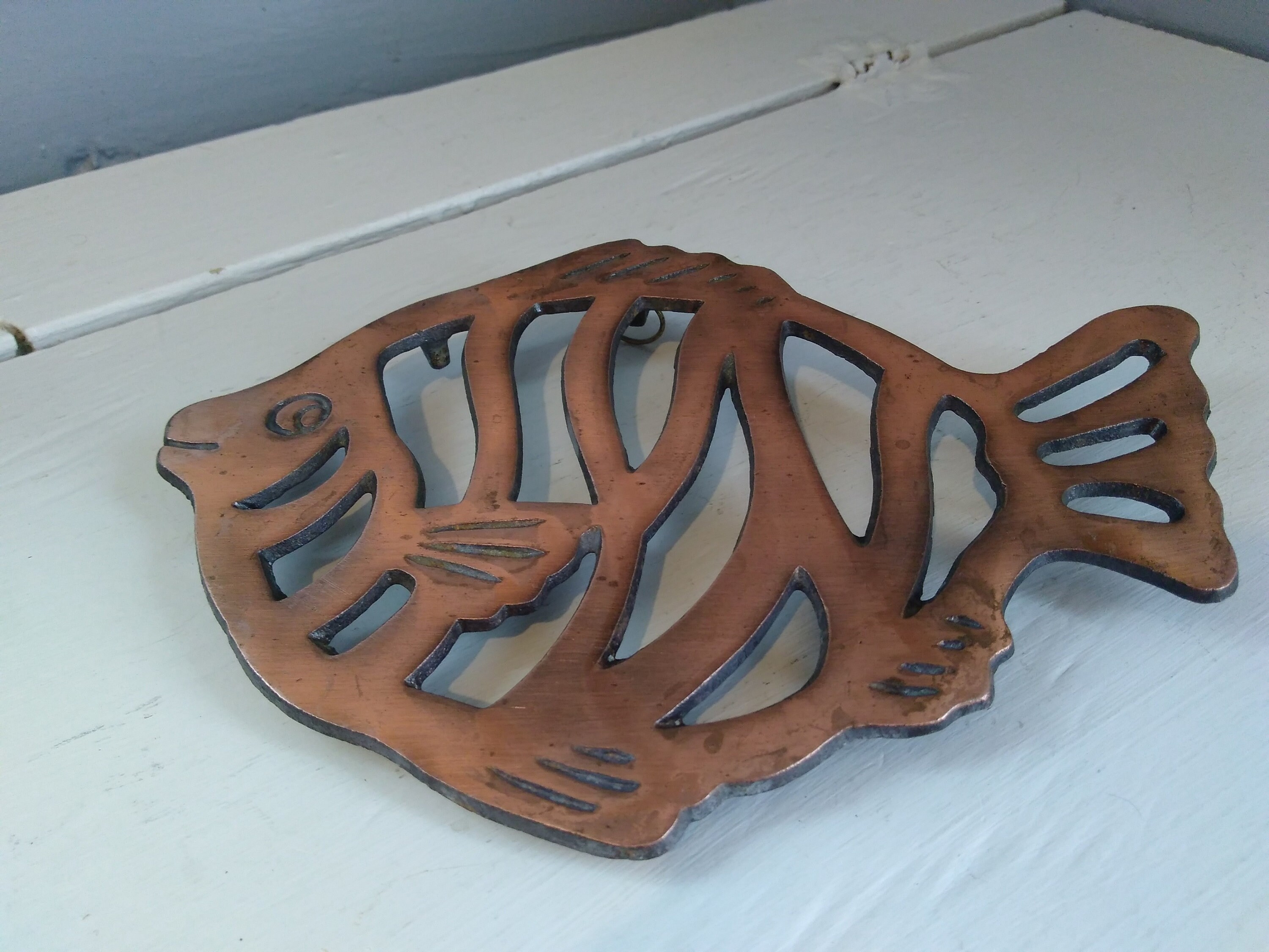 Trivet 80s Fish Shaped Cast Iron Copper Color Footed Hanging Kitchen ...