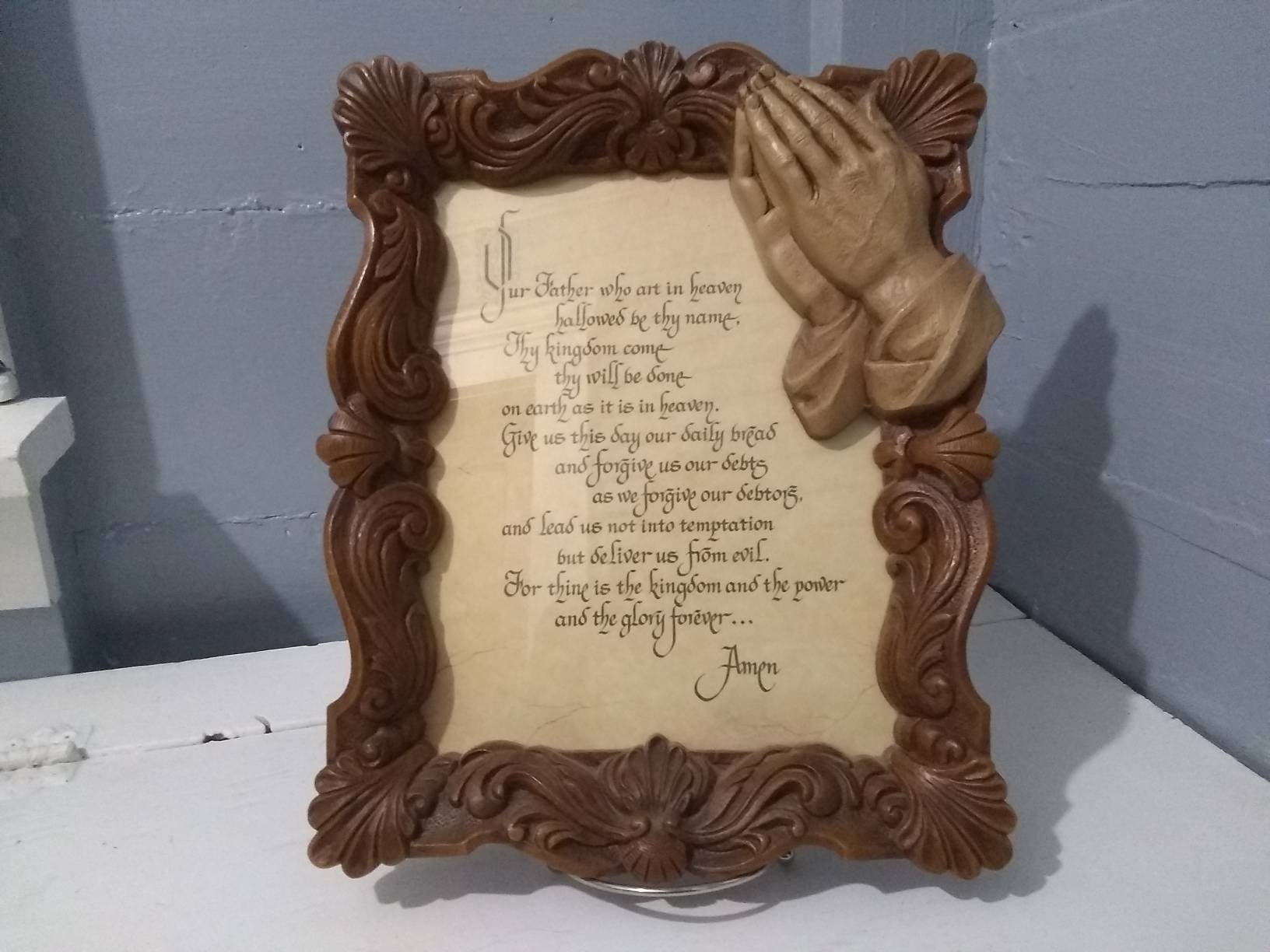 Vintage The Lords Prayer Our Father Ornate 3D Praying Hands Decorative ...