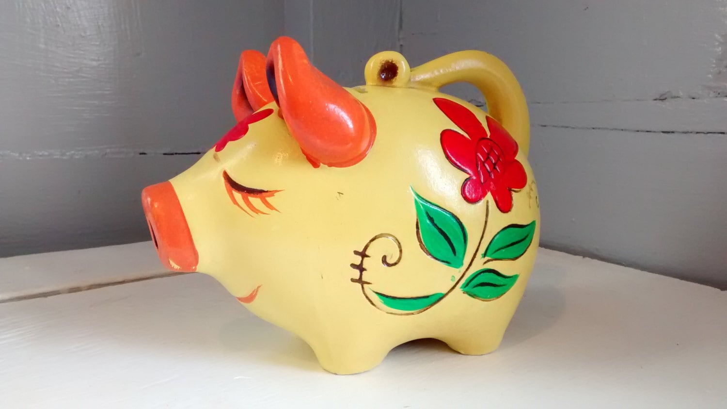 Vintage Piggy Bank Coin Bank Kids Bank Clay Bank Folk Art Floral ...